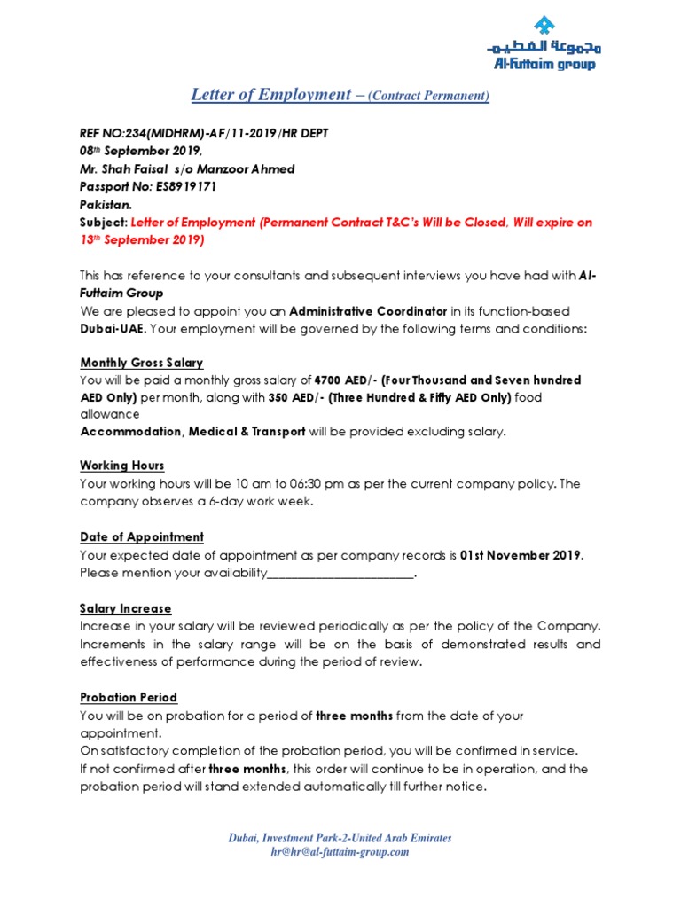 Al-Futtaim Job Offer Letter 2019 | PDF | Employment | United Arab Emirates