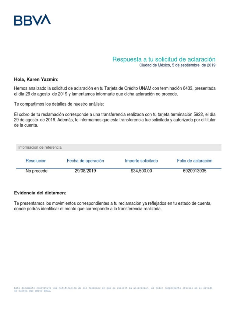Aclaración improcedente en BBVA | PDF