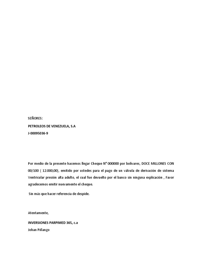 Carta Cheque Devuelto 1 | PDF | Dinero | Venezuela