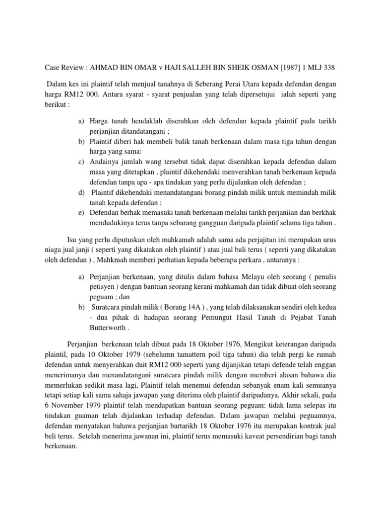 Kes Tanah Ahmad Bin Omar V Haji Salleh Bin Sheik Osman 1987 1 MLJ 338 | PDF
