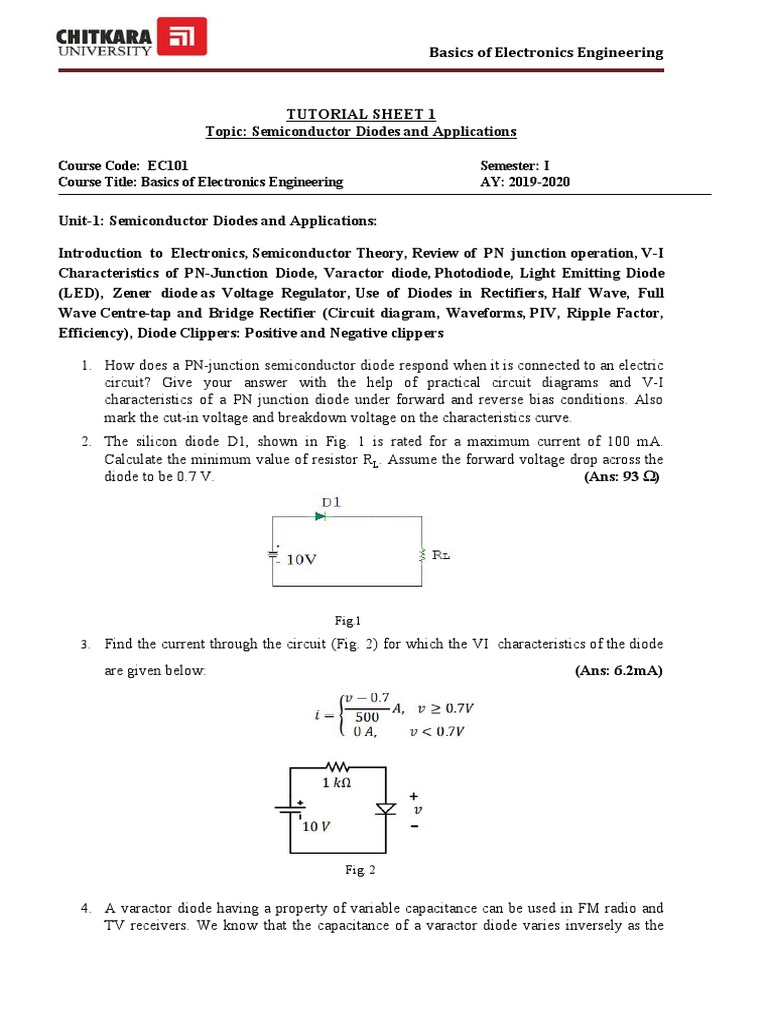 22223.BEE Tutorial Sheet 1 (Semiconductor Diodes and Applications) | PDF | Rectifier | Diode