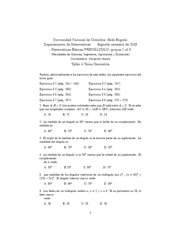 Taller 4 Precalculo II 2018 | PDF | Geometría del plano euclidiano | Triángulo