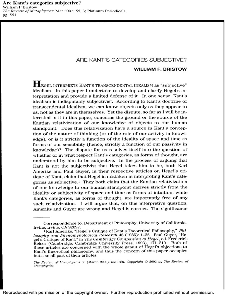 BRISTOW (Are Kant's Categories Subjective) | PDF | Copyright ...