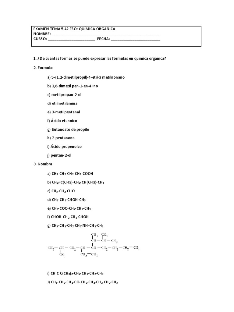 Examen Tema 5 4º ESO Fyq | PDF
