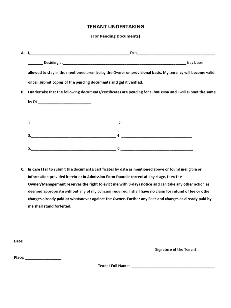 Tenant Undertaking - Pending Documents | PDF