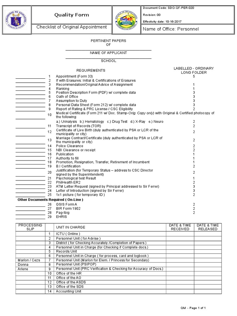 Sdo QF Per 020 Checklist On Original Appointment | PDF | Business