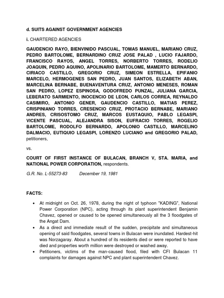 Typhoon Kading: Rayo v. NPC Case Summary | PDF | Complaint | Public Law