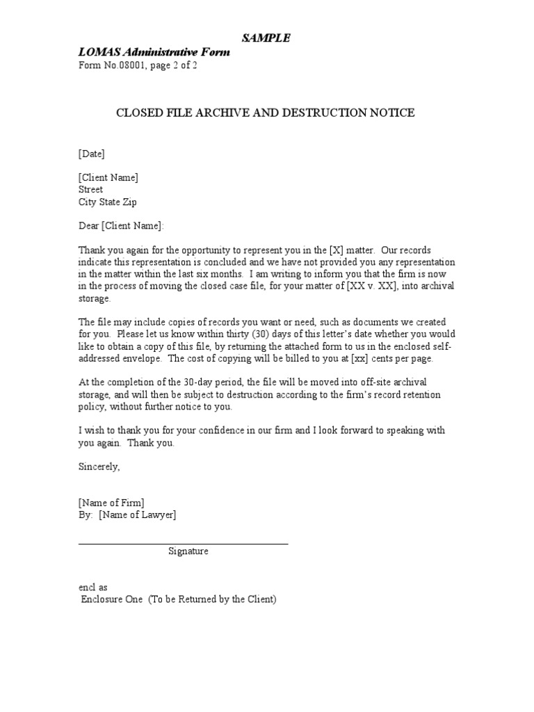 Closed File Archive and Destruction Notice: Sample LOMAS Administrative ...