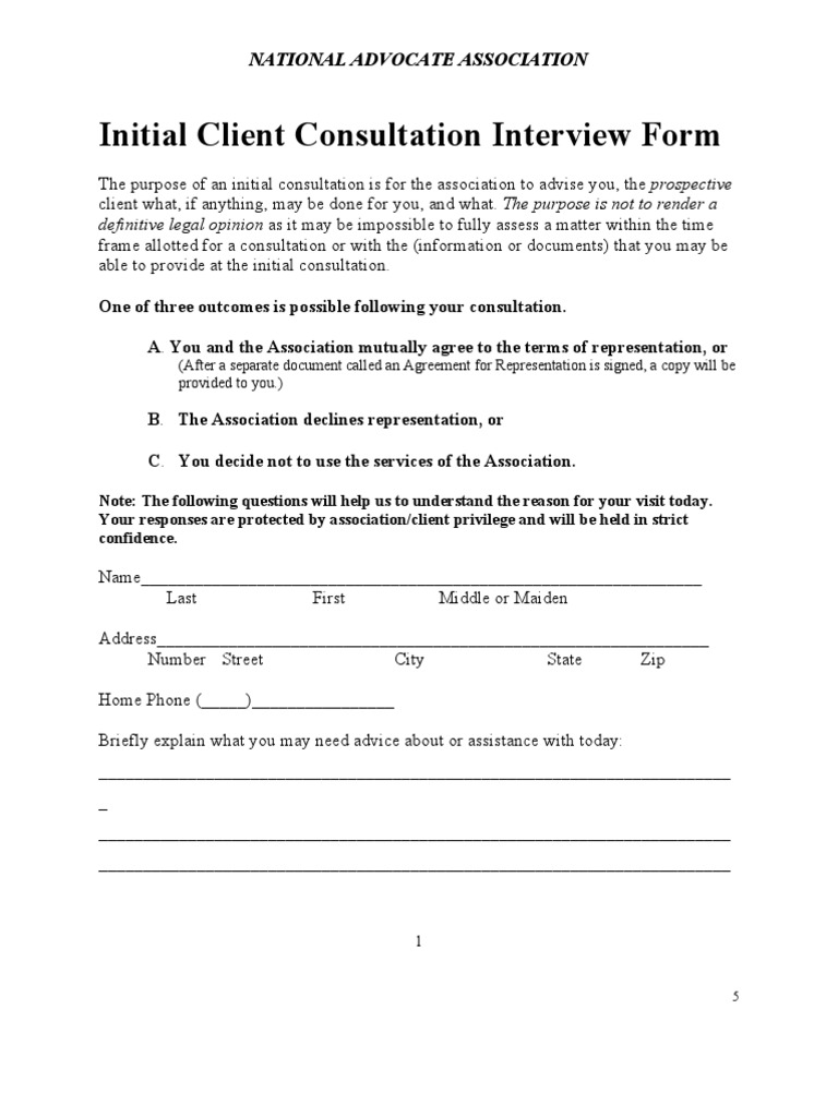 Initial Client Consultation Interview Form 0967a | PDF | Lawyer ...