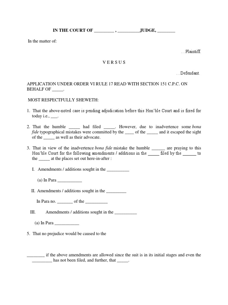 Amendment of Plaint Order VI - Order 17 CPC | PDF