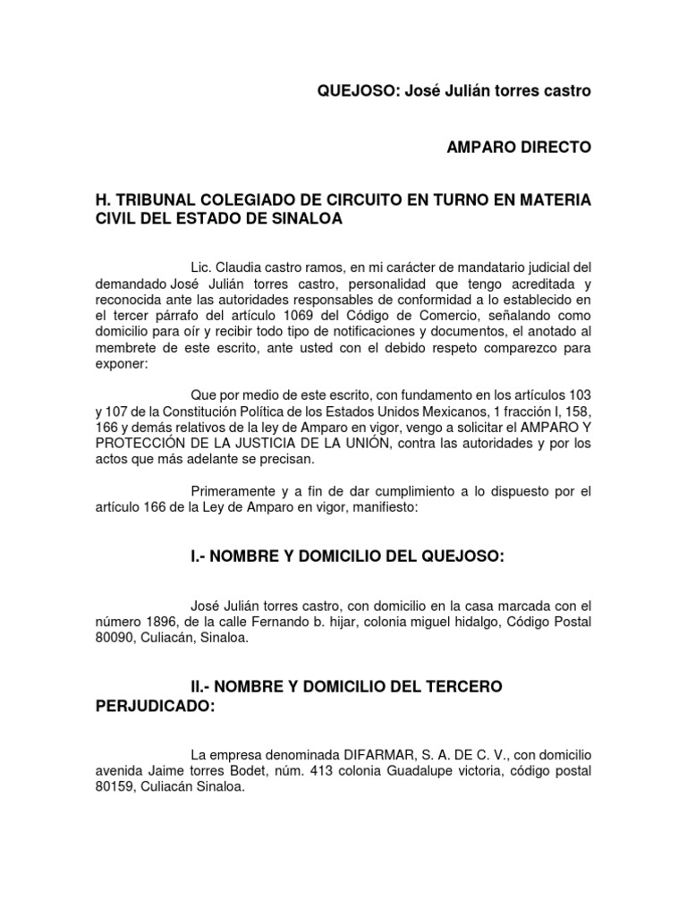 Demanda Amparo Directo. | Sentencia (ley) | Gobierno
