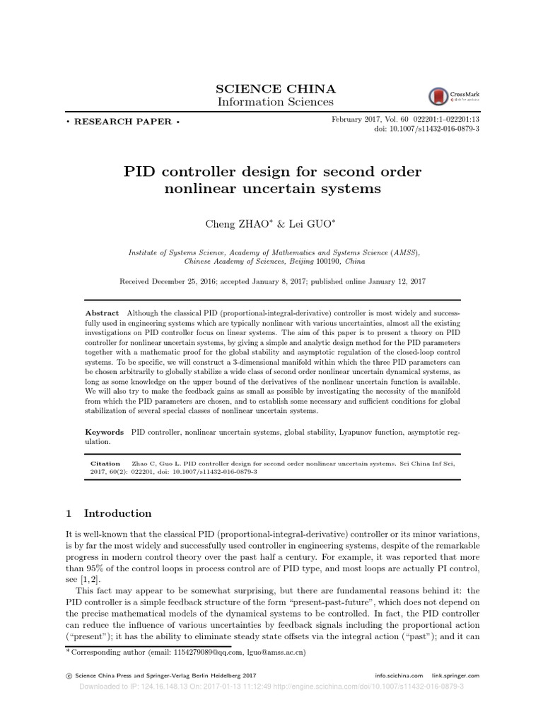 PID Controller Design For Second Order Nonlinear Uncertain Systems | PDF | Control Theory ...
