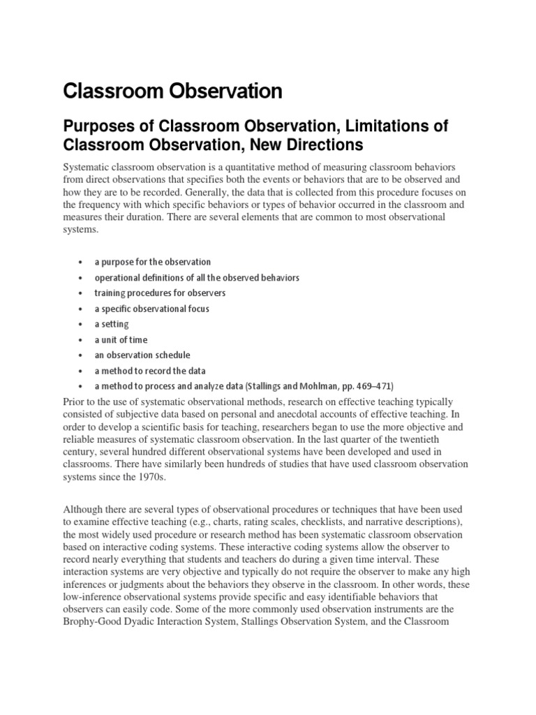 Classroom Observation (A. W) | PDF | Observation | Teachers