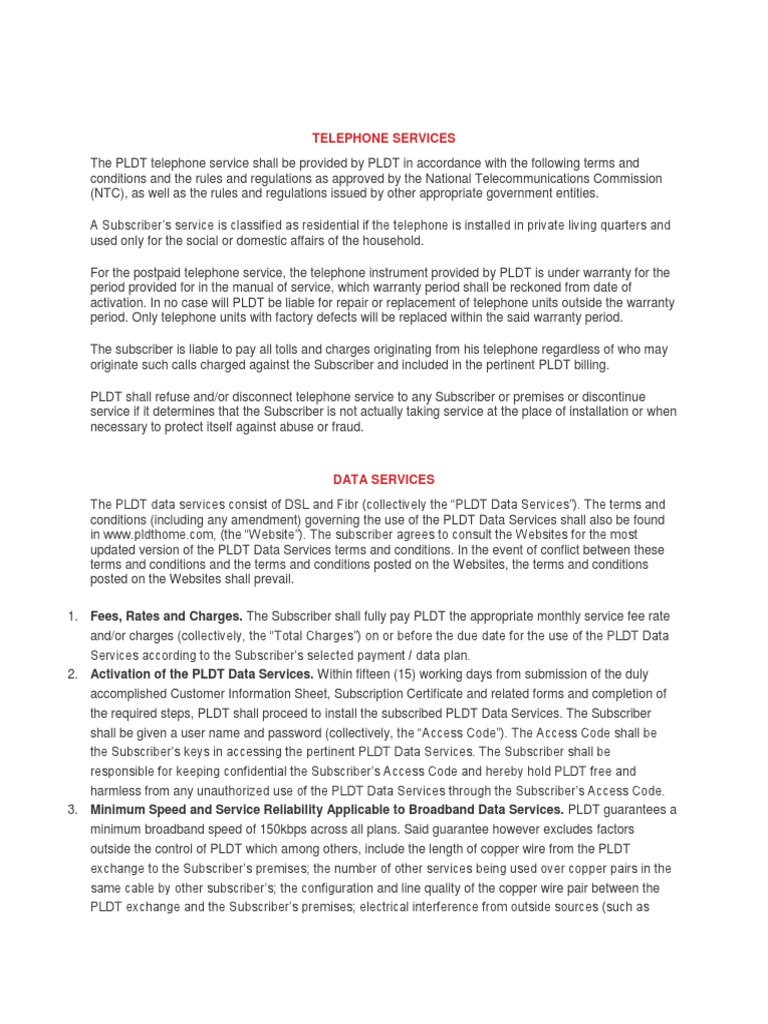 PLDT Terms and Conditions | PDF | Subscription Business Model | Fee
