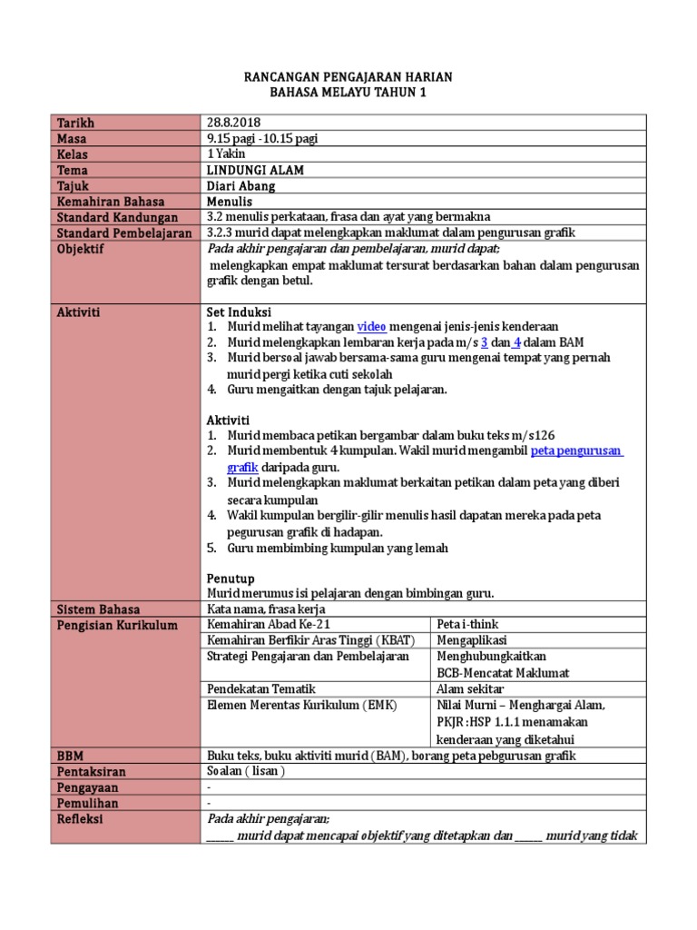 RPH TAHUN 1 PKJR (Lindungi Alam) | PDF