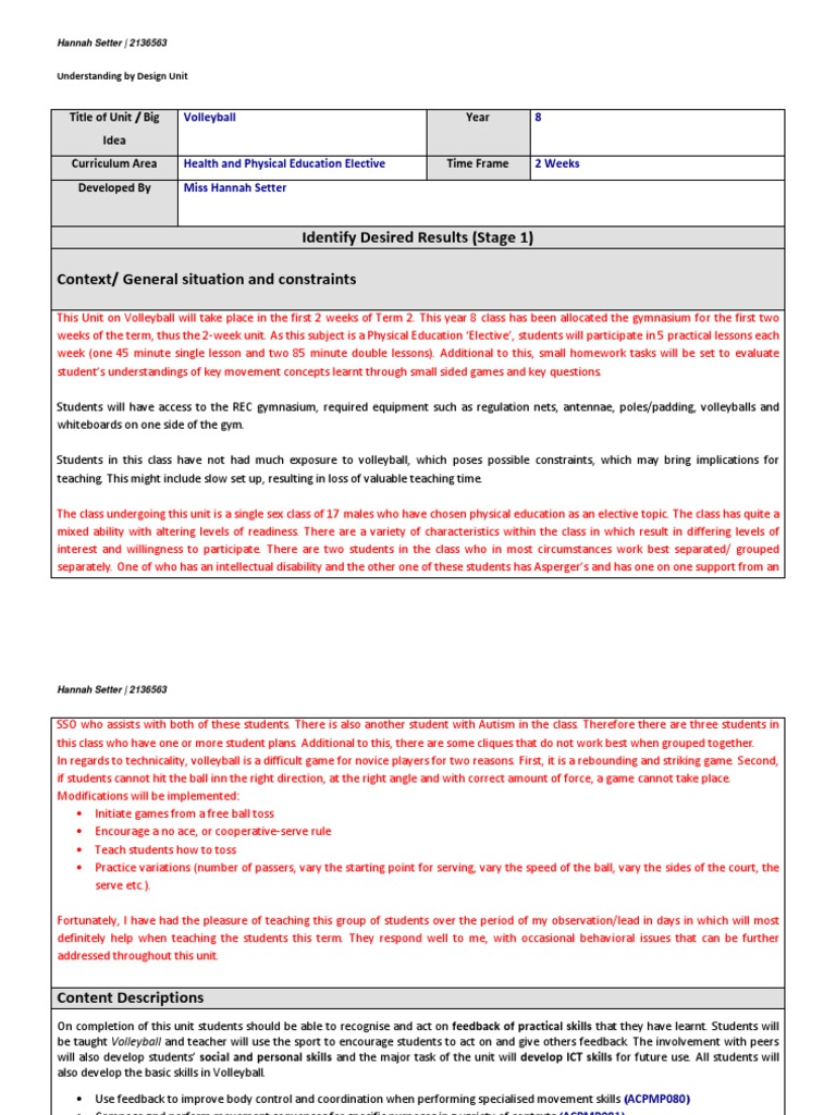 Volleyball 2 Week Unit Plan | PDF | Volleyball | Educational Assessment
