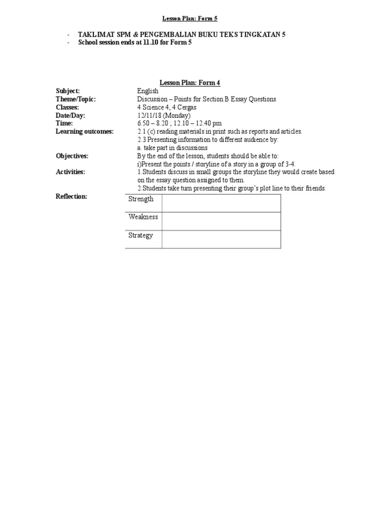 Sample Lesson Plan English Form 5 | PDF | Lesson Plan | Question