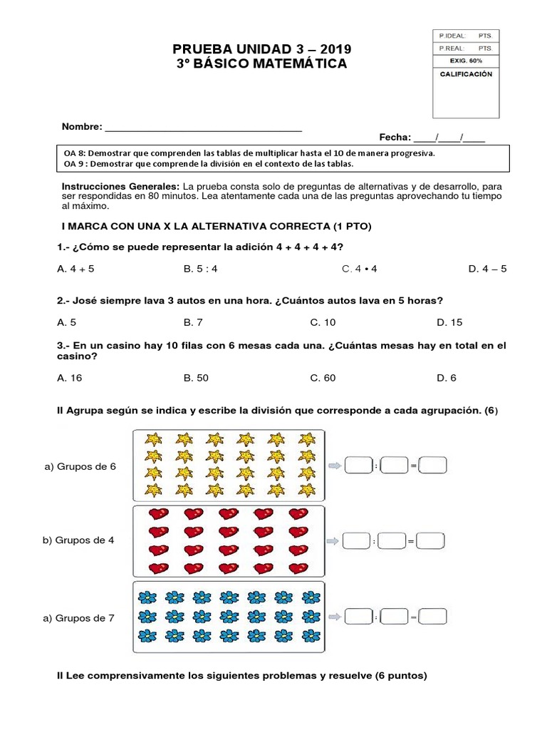 Prueba de Matemáticas 3º Básico: Multiplicación y División | PDF ...