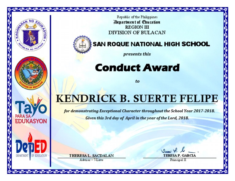 Conduct Award Certificate for Students | PDF