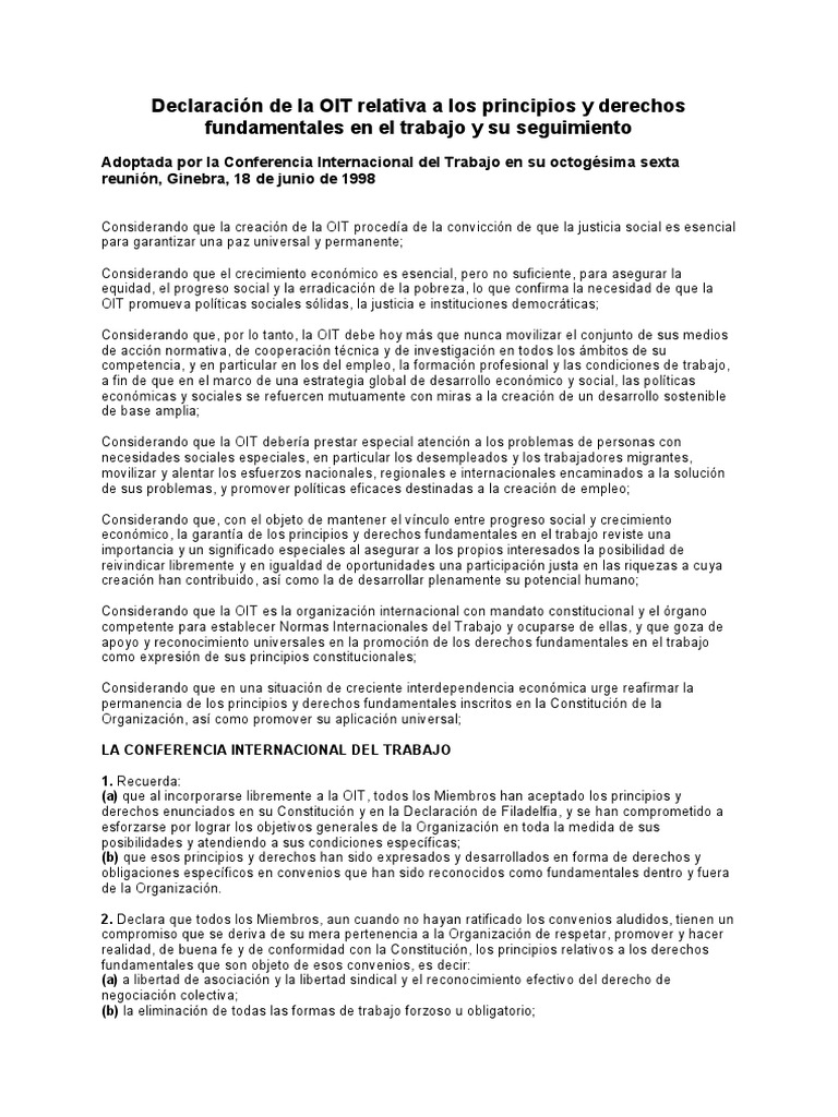 Declaración de la OIT sobre los principios y derechos fundamentales en ...