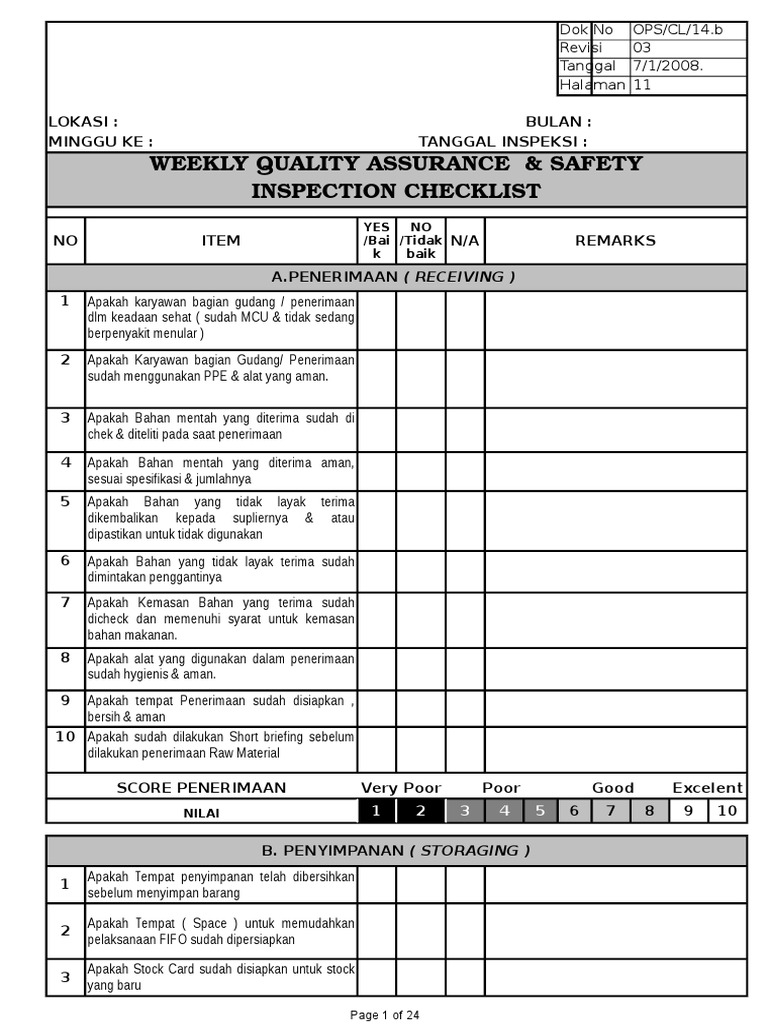 Contoh Ceklist Form Inspeksi | PDF