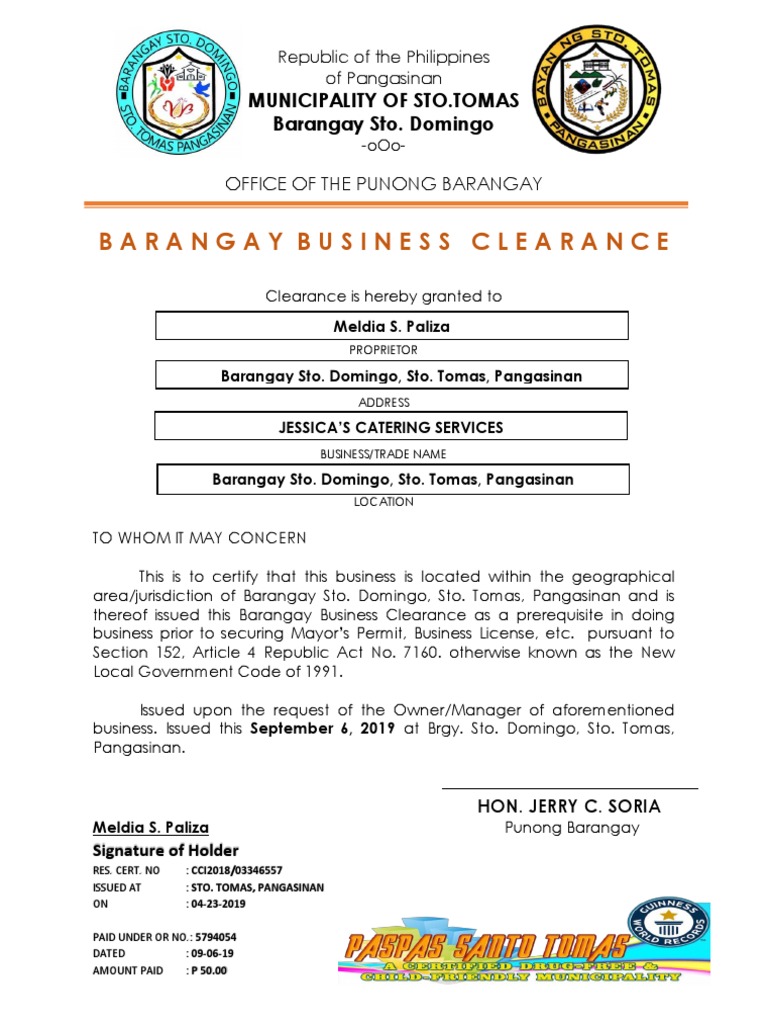 Barangay Business Clearance: Municipality of Sto - Tomas Barangay Sto. Domingo | PDF