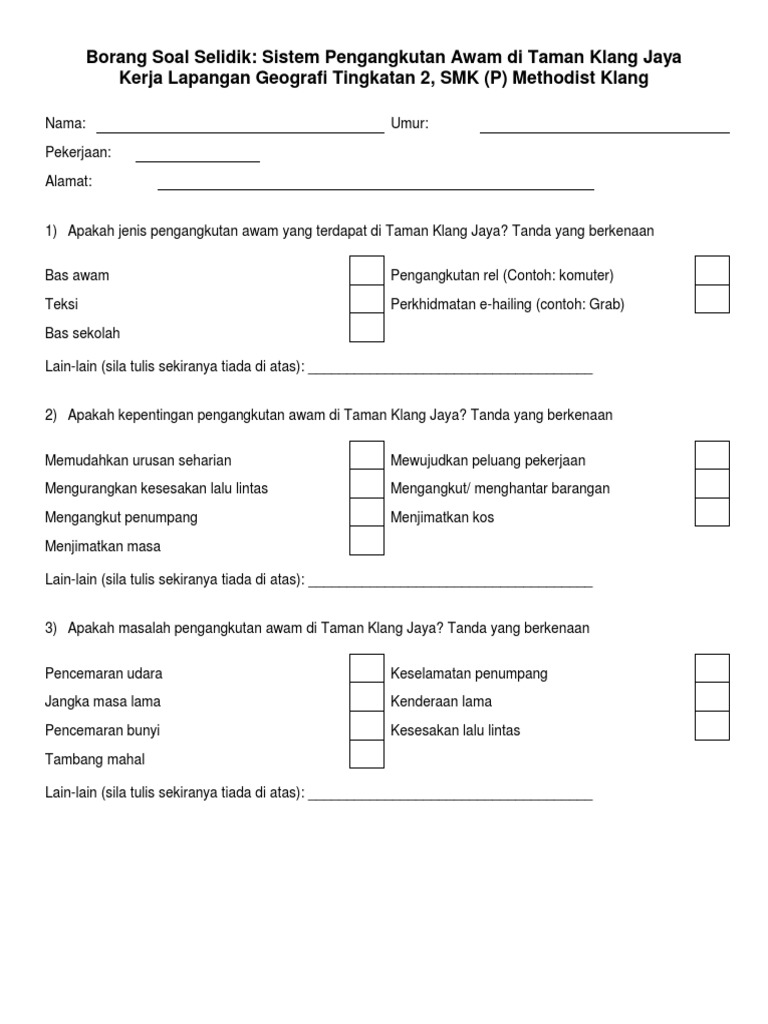 Borang Soal Selidik - Sistem Pengangkutan Awam (Geografi) TMN Klang ...
