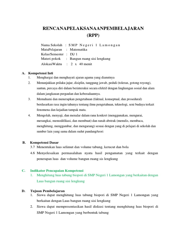 RPP Matematika: Bangun Ruang Sisi Lengkung | PDF | Karier ...