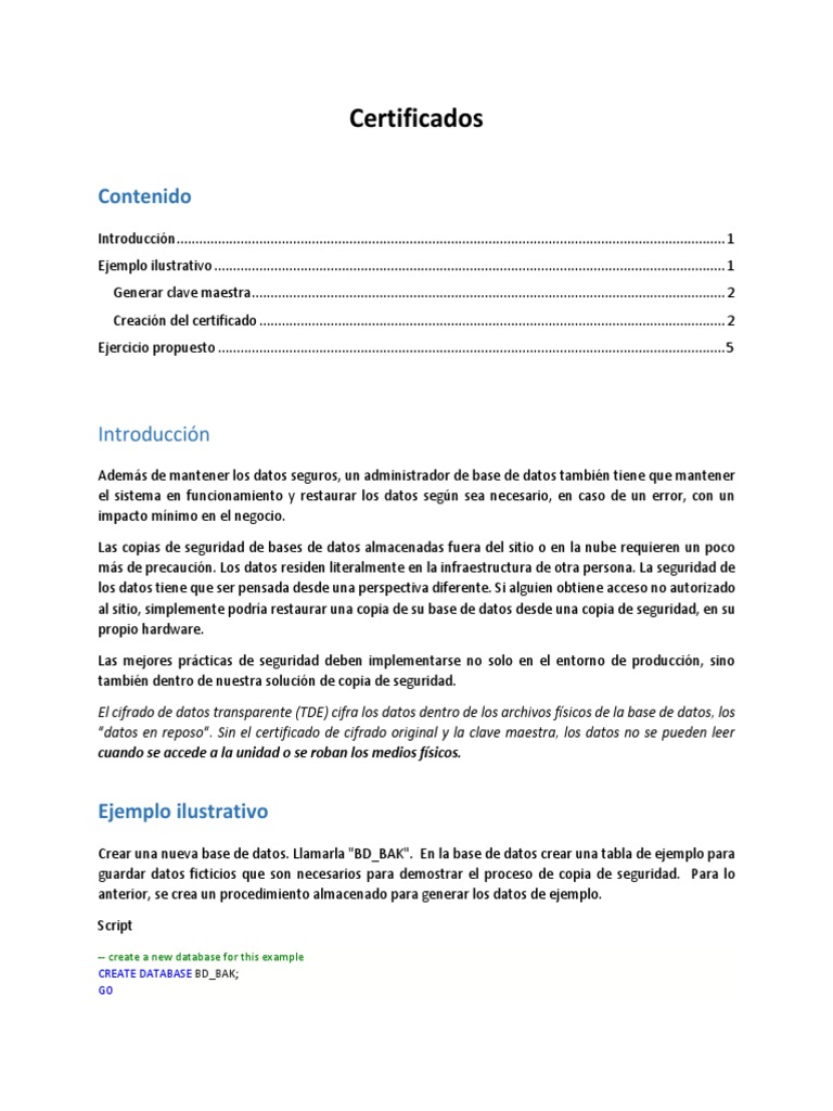 Certificados en SQL Server | PDF | Apoyo | Clave (criptografía)