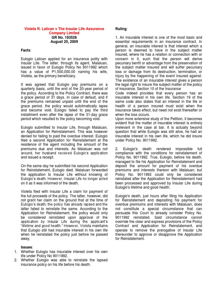 Topic IV # 5 Lalican V Insular Life | PDF | Insurance | Surety Bond