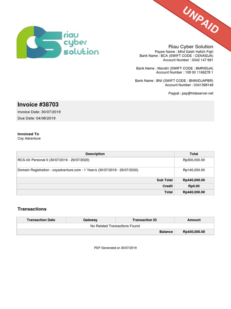 Renewal Invoice for Web Hosting and Domain Registration Services ...