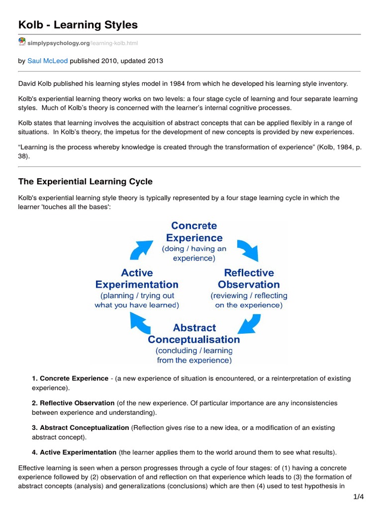 Kolb's Learning Styles and Experiential Learning Cycle | PDF | Learning ...