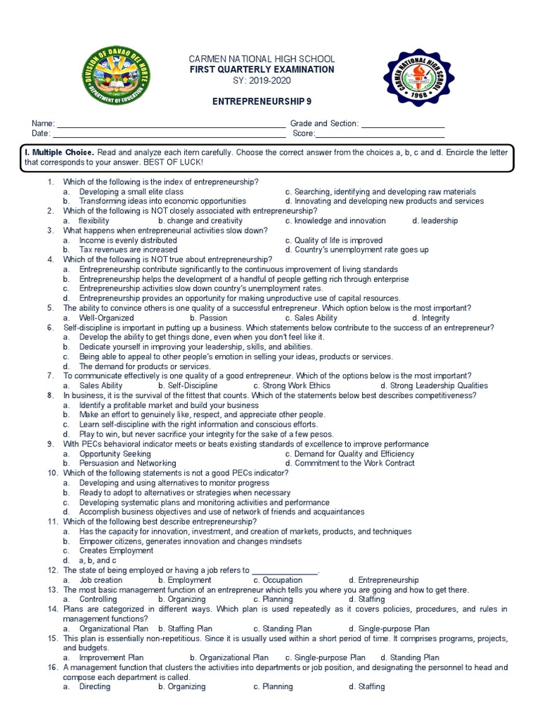 1ST Quarterly Exam Entrep 9 | PDF | Partnership | Entrepreneurship
