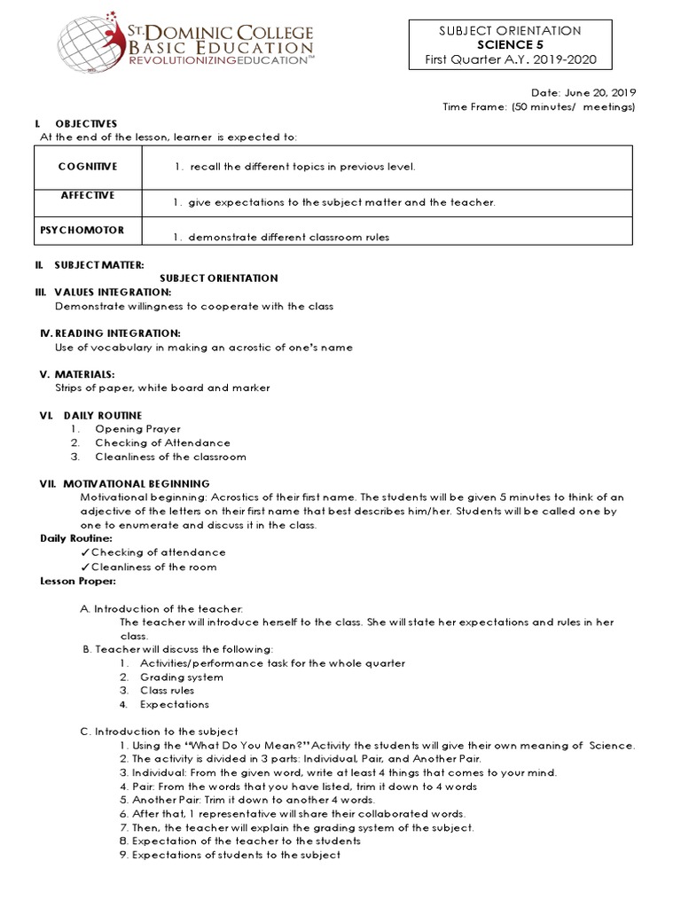Science Class Orientation Plan | PDF | Classroom | Teachers