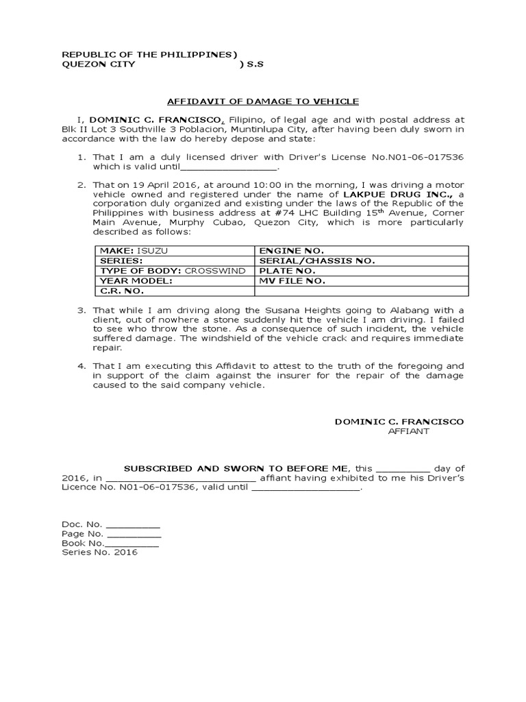 Sample Affidavit of Damage Vehicle | PDF