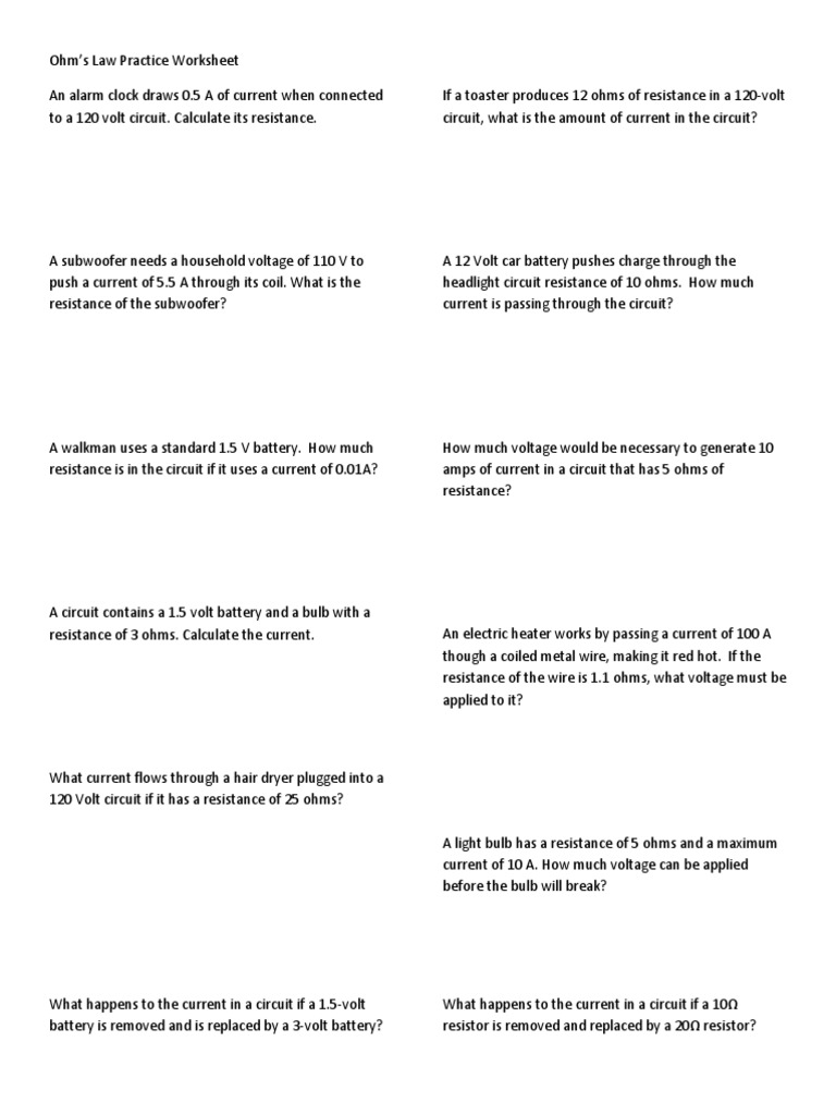 Ohms Law Worksheet PDF | PDF | Volt | Electrical Resistance And Conductance