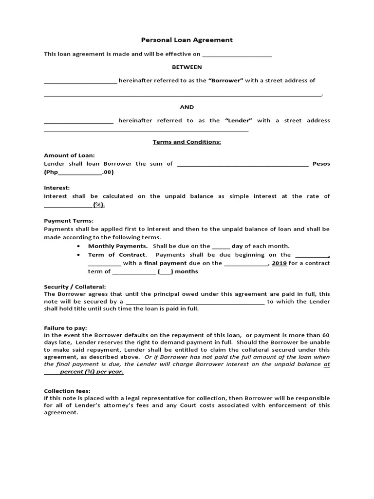 Personal Loan Agreement. BLANK FORM | PDF | Loans | Demand For Money