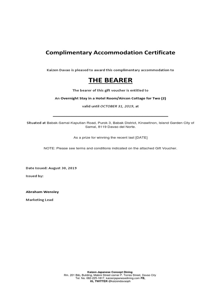 The Bearer: Complimentary Accommodation Certificate | PDF