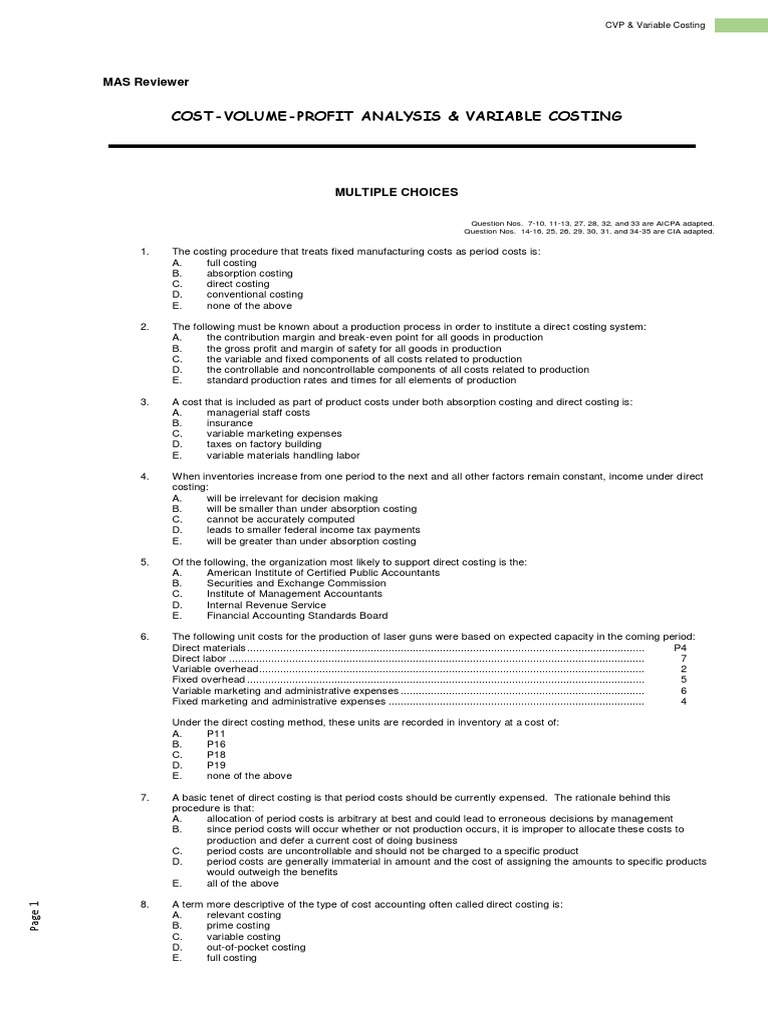MAS Review CVP and Variable Costing | PDF | Service Industries ...