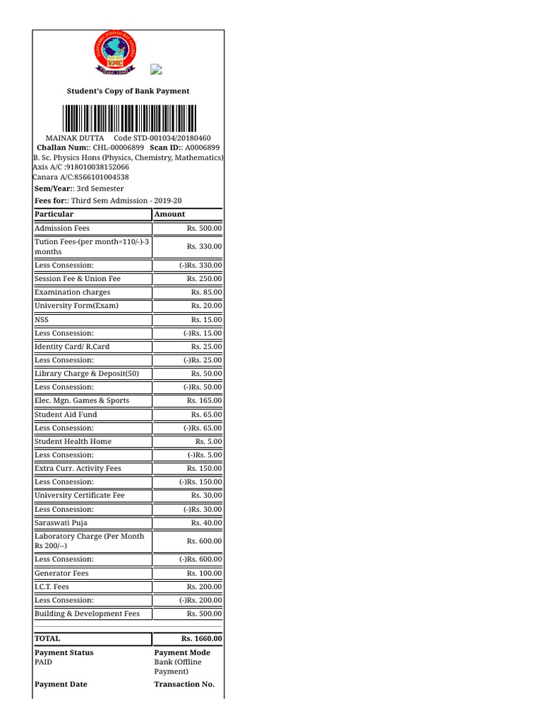 3rd Semester Admission Receipt | PDF