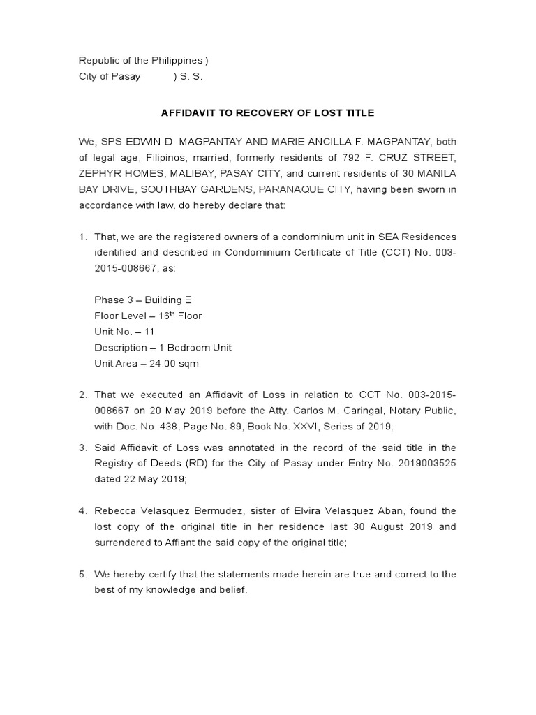 Affidavit of Recovery