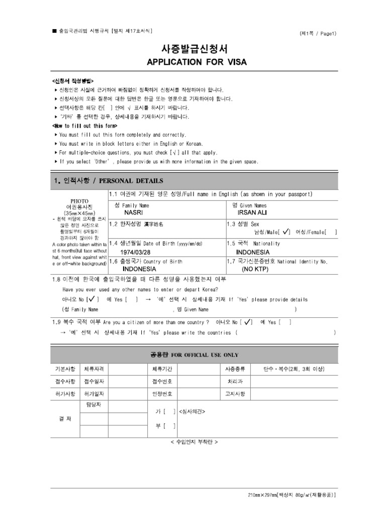 Contoh Isian Form Visa Korea | PDF