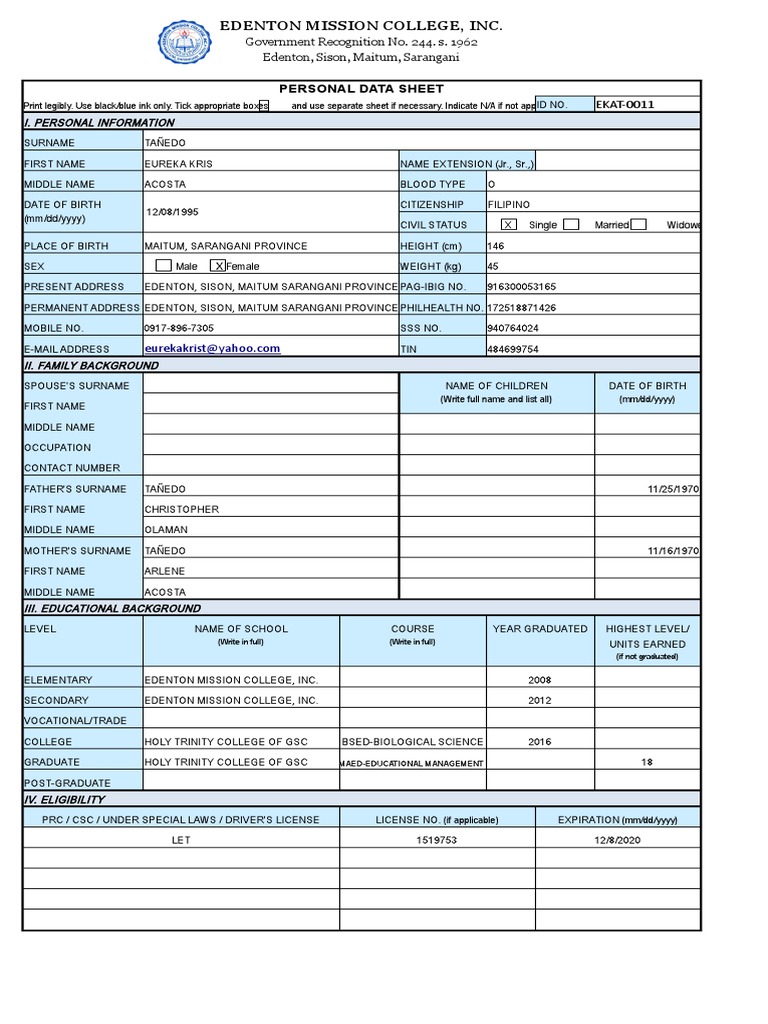 Edenton Mission College, Inc.: Personal Data Sheet | PDF | Government ...