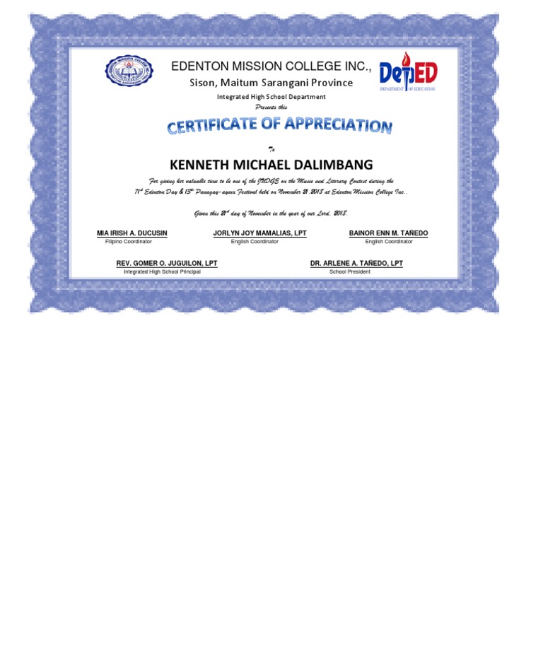 Kenneth Michael Dalimbang: Edenton Mission College Inc., Sison, Maitum ...