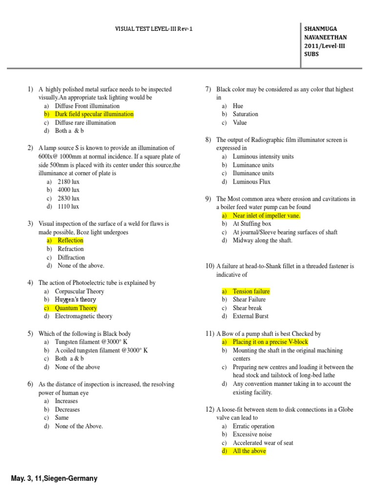Visual Testing - L-3 - QB | PDF | Lighting | Optical Filter