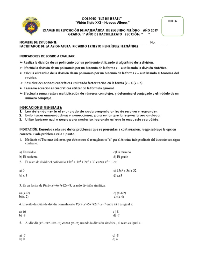 Examen de Álgebra 1 - Bachillerato 2019 | PDF | Álgebra abstracta ...