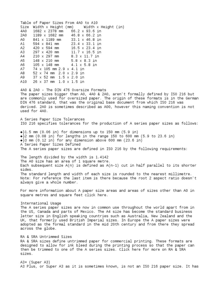 Table of Paper Sizes From 4A0 To A10 | PDF | Printing Materials | Equipment
