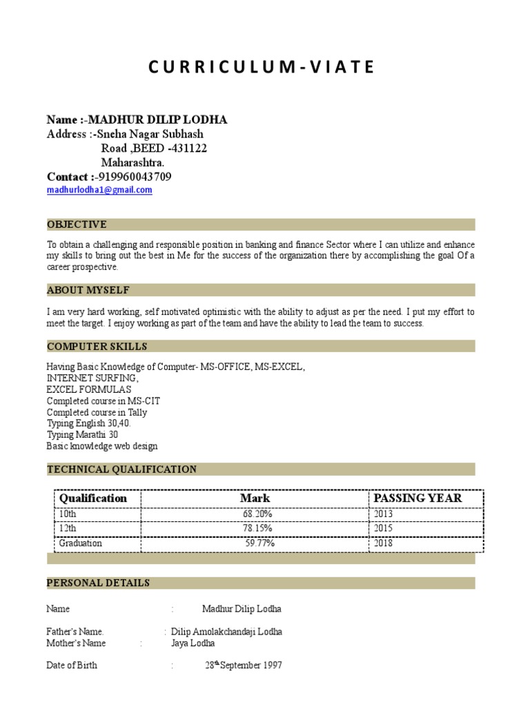 Curriculum-Viate: Name:-Madhur Dilip Lodha | PDF | Behavior Modification | Communication