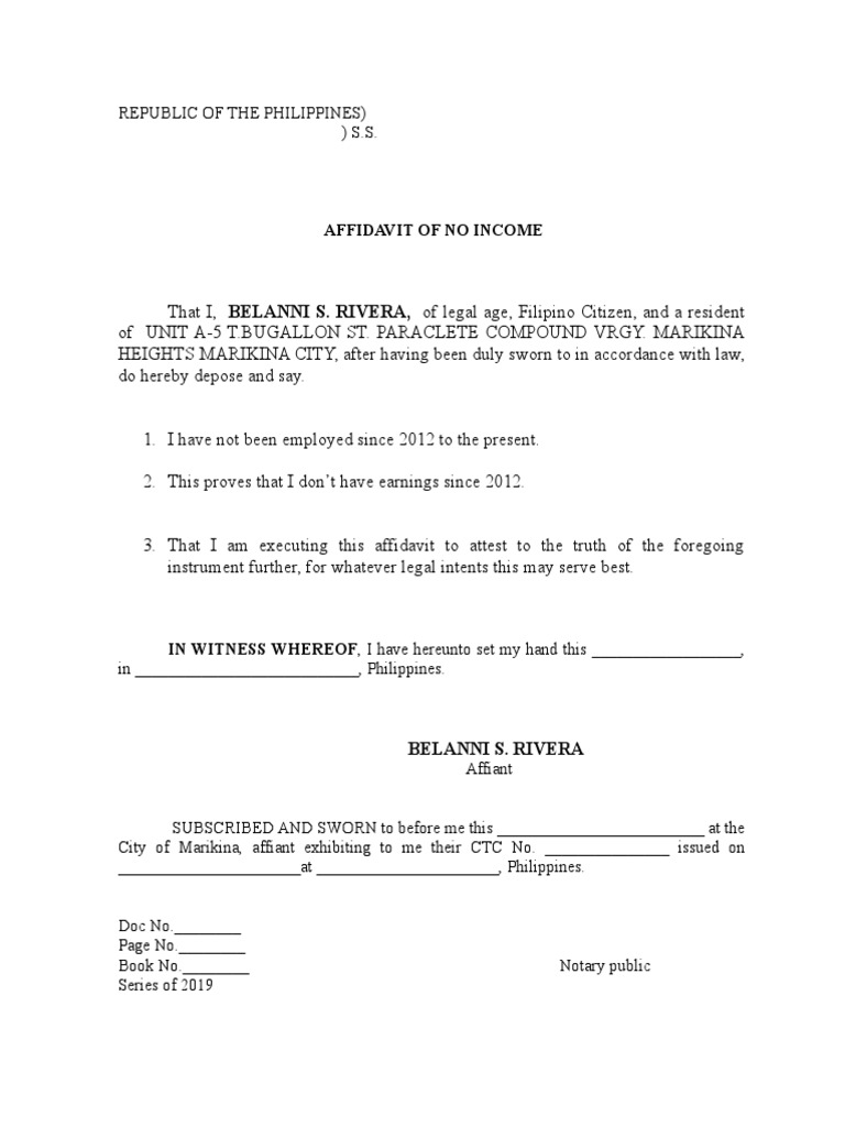 Affidavit of No Income: Belanni S. Rivera | PDF