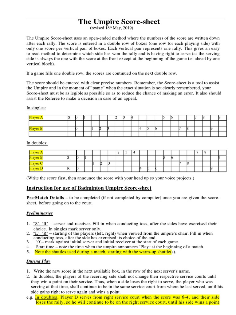 The Umpire Score-Sheet - Instructions - 18 May. 2019 | PDF | Referee ...